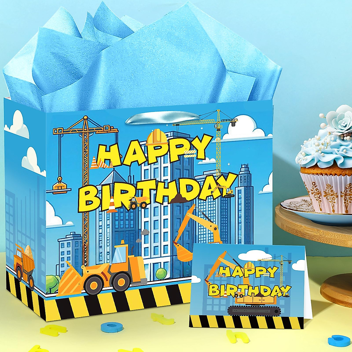 CASLON 1Pc Construction Birthday Gift Bag with Tissue Paper and Card, Blue Construction Birthday Wrapping Paper Bag Construction Truck Party Gift Bag Christmas Gift Bag for Boys Construction Birthday