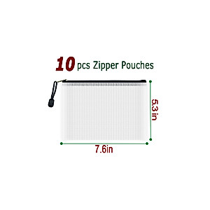 AUSTARK 10 Pcs Zipper File Bags, Waterproof Plastic Mesh Pouch for Office School, Board Game Storage Bags (B6 Size 7.6''x5.3'', White and Black)