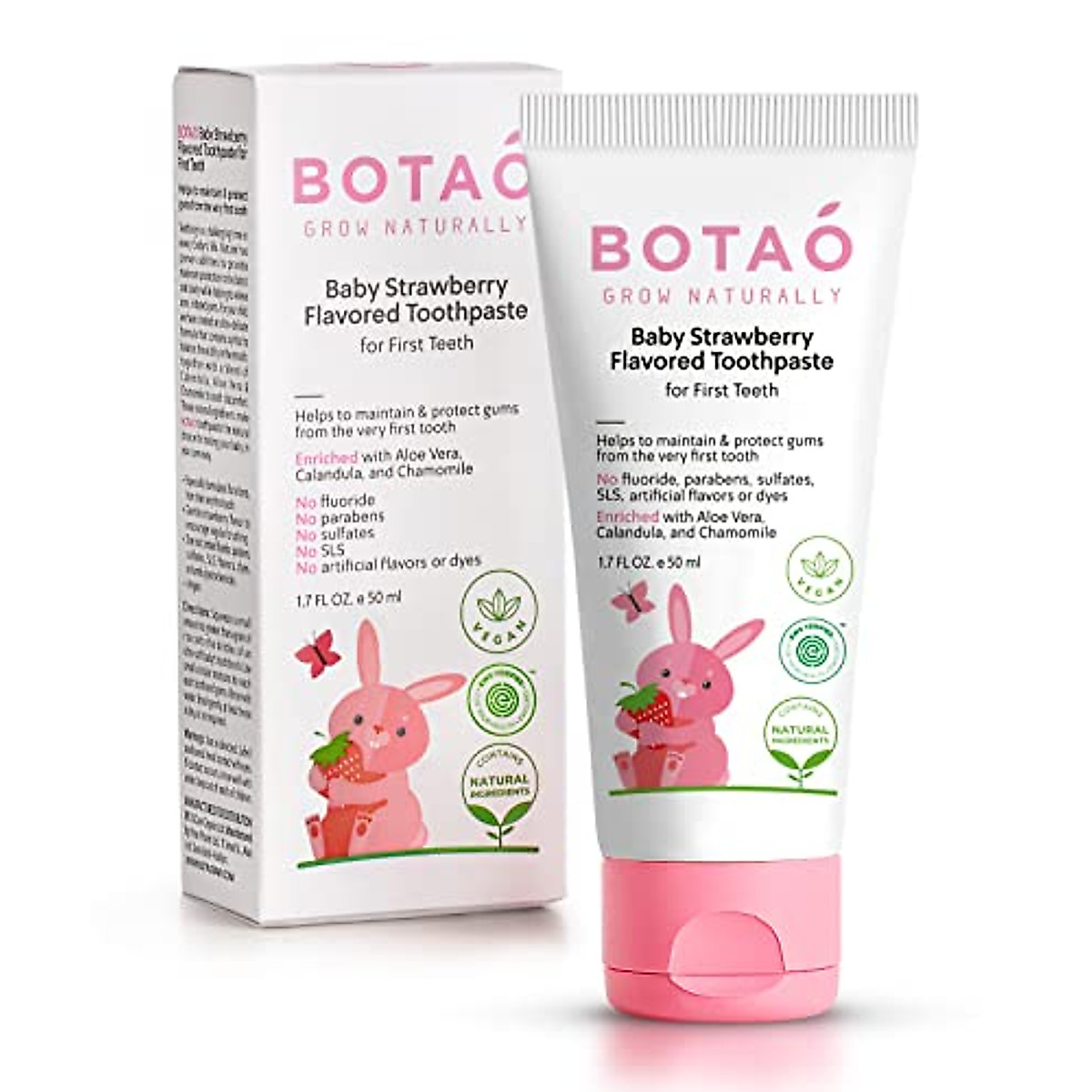 BOTAO Fluoride Free Baby Toothpaste | Natural Toddler Toothpaste | Strawberry Flavored - Organic Training Toothpaste for Toddlers | EWG Verified, Vegan, SLS Free, Safe to Swallow, Aloe Vera -1.7Oz