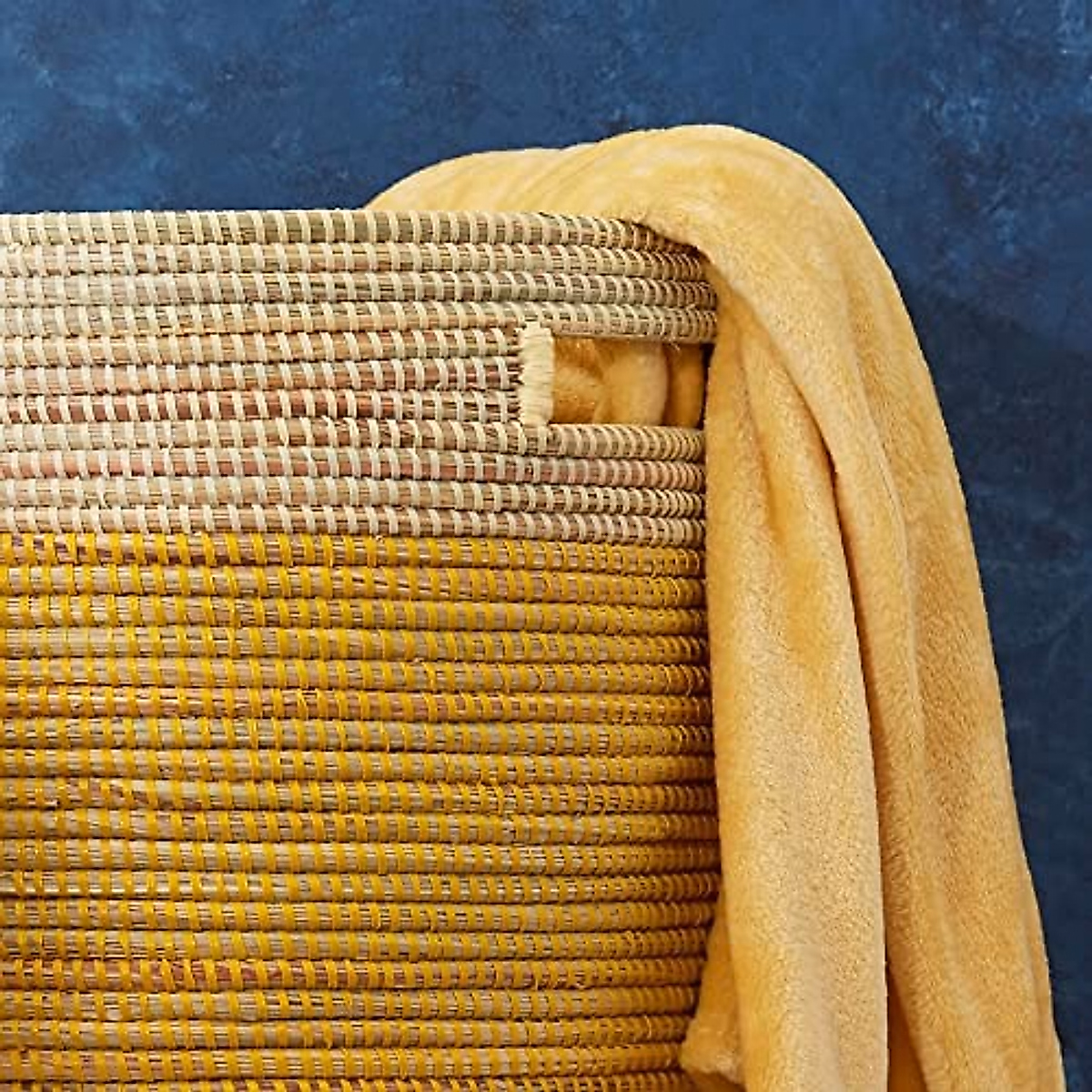 Senegal Extra Large Hand Woven Grass Yellow Beige Color Block Basket with Flat Lid