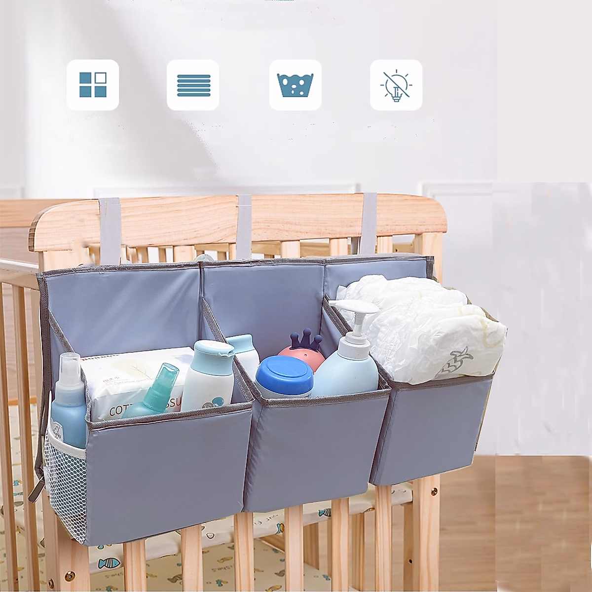 Ruyahort Hanging Diaper Caddy Organizer Sturdy and Durable Baby Organizer –Diaper Stacker for Changing Table, Crib, Playard or Wall-GREY