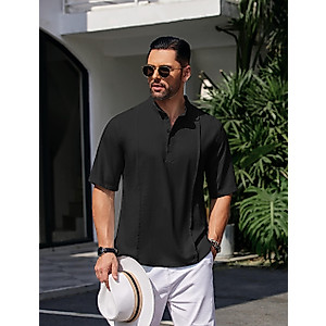 COOFANDY Men's Henley T-Shirts Short Sleeve Casual Band Collar Black Shirts Fashion Linen Tee Summer Beach Hippie Party Wear