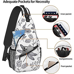 Sling Bag Dragonfly Botanical Flower Hand Drawn Hiking Daypack Crossbody Shoulder Backpack Travel Chest Pack for Men Women
