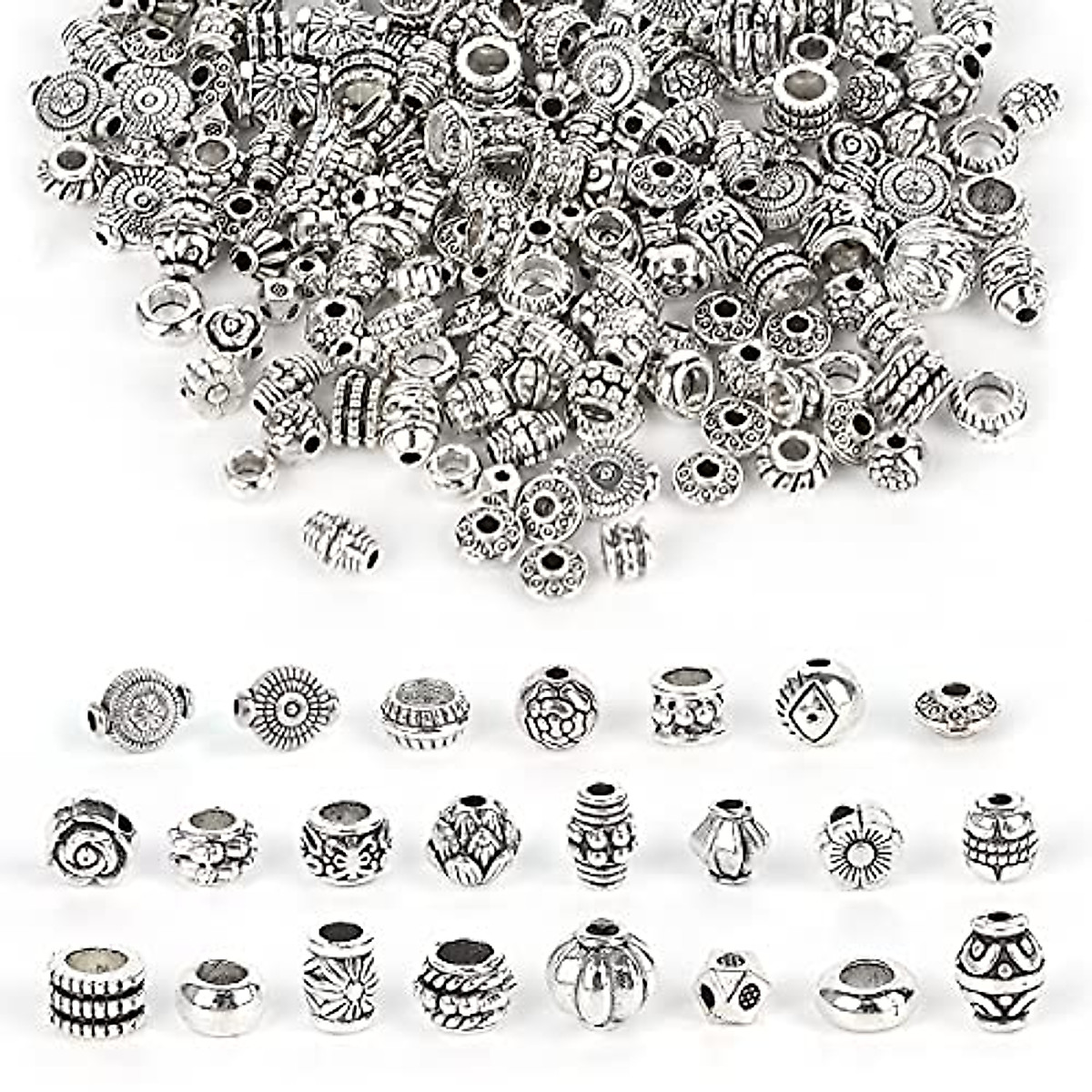 180± Silver Spacer Beads - 100g Tibetan Antique Silver Color Metal Beads Small Loose Spacer Beads with Radom Styles for Jewelry Making DIY Charm Bracelets