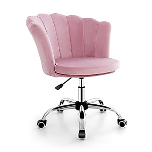 Giantex Velvet Home Office Chair, Modern Cute Shell Back Upholstered Desk Chair with Wheels, Adjustable Swivel Task Chair, Comfy Vanity Chair for Girls Women Bedroom, Pink