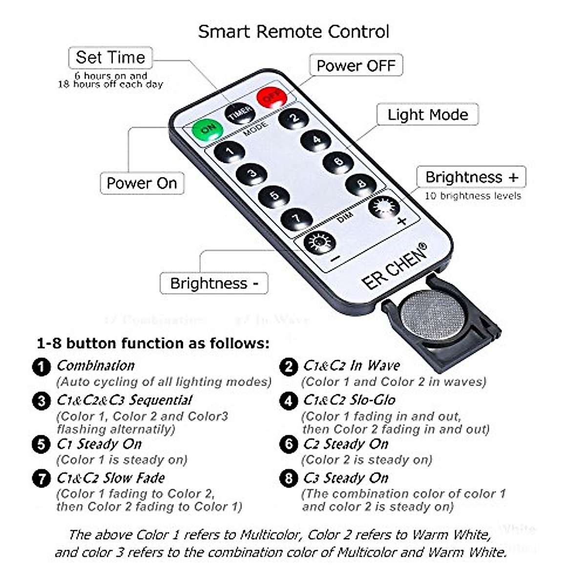 ER CHEN Color Changing Battery Operated Fairy Lights, 33ft 100 LED 8 Modes Silvery Copper Wire Twinkle String Lights with Remote/Timer for Bedroom, Patio, Wedding, Party (Warm White&Multicolor)