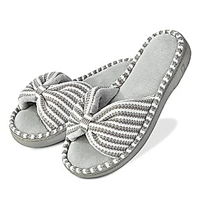 DL Women's Memory Foam Open Toe Slide Slippers with Cute Bow and Cozy Terry Lining, Slip-on House Shoes Spa Mules Sandals with Indoor Outdoor Rubber Sole, Gray, 9-10