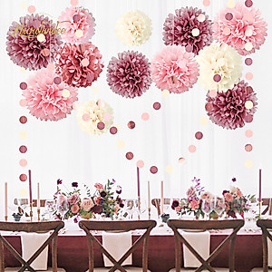 NICROLANDEE 15PCS Dusty Rose Blush Pink Tissue Pom Poms Flowers for Wedding, Bridal Shower, Sweet Birthday, Baby Shower, Engagement, Bachelorettes, Valentine Pink Party Decorations Paper Garland