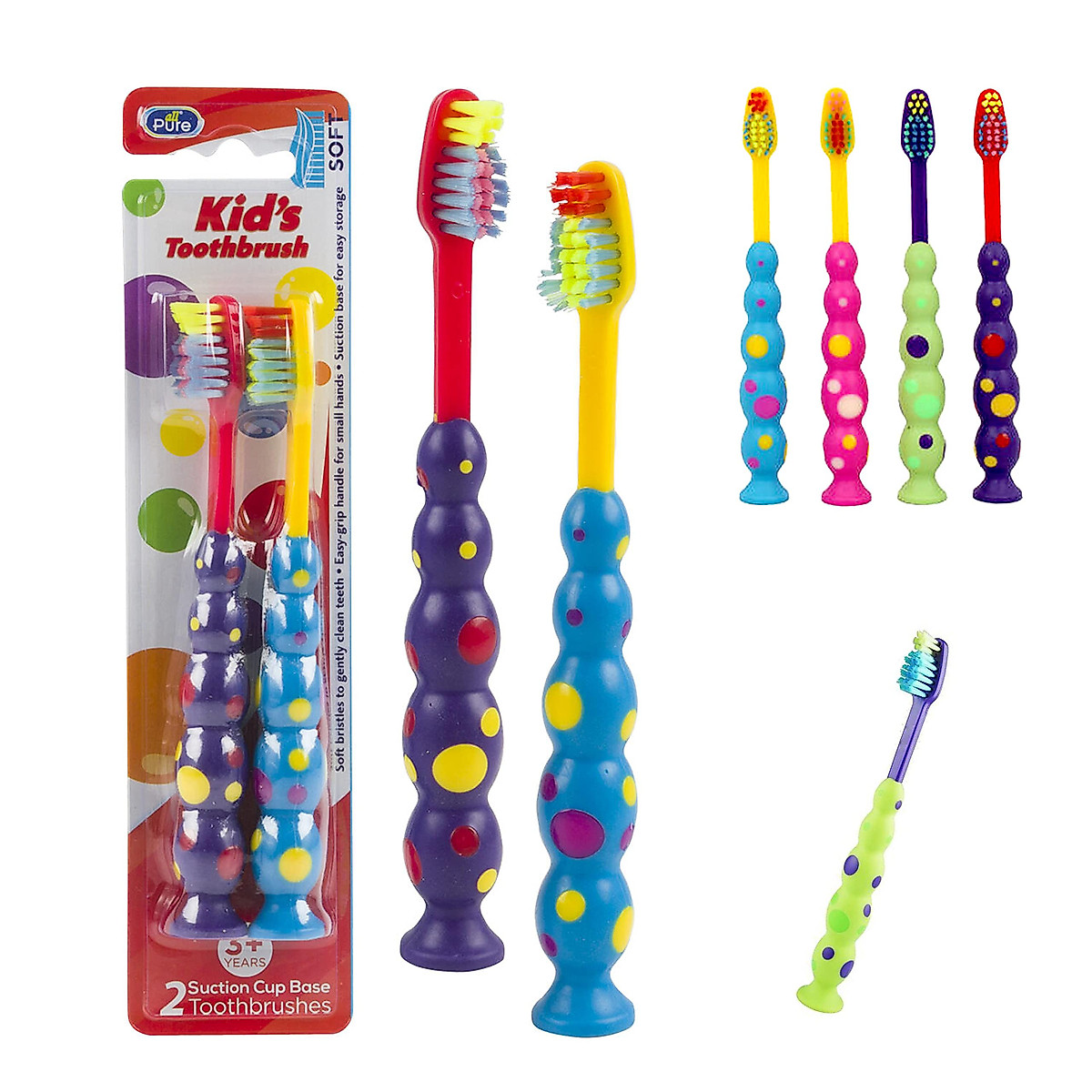 gHTN 4 X Ball Polka Dot Toothbrush Set Suction Cup Stand Soft Bristles Kids Oral Care