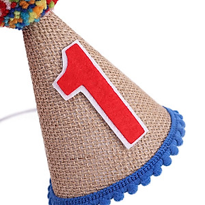 WAHAWU 1st Birthday Party Cone Hat - First Birthday Party Hat, Birthday Hats for Kids, Baby Girls/boys Birthday Cone Hat, Colored Fur Balls Hat, Party Photo Prop