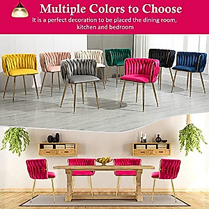 NIOIIKIT Modern Velvet Dining Chairs Set of 2 Hand Weaving Accent Upholstered Side Chair with Golden Metal Legs for Dining Room Kitchen Vanity Living Room (Rosered)