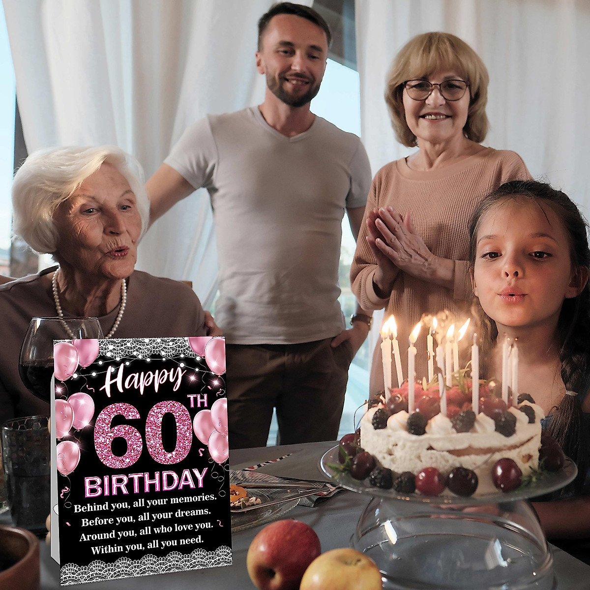 60th Birthday Party Table Sign with Paper Holder, Rose Gold Birthday Standing Sign for Table Decoration, Happy Birthday Table Decor for Women, Anniversary Celebration Favor Supplies(1 Set of), A11