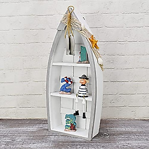 Morning View Wood Boat Shelf Decor Nautical Beach Theme Display Boat with 2 Shelves Standing Boat Shelf Wooden Boat Shelf Nautical Home Decor 6.7×3×16.5 Inch