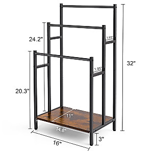 Freestanding Towel Rack Stand for Bathroom, 3 Tier Blanket Ladder Holder, Towel Drying and Display Rack with Shelf, Metal Blanket Rack, Farmhouse Rustic Brown and Black