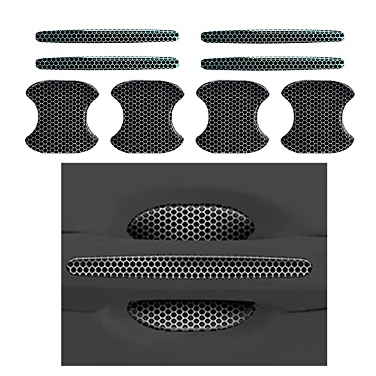 HUARXUNEG 8pcs Car Door Handle Scratched Protective Film Side Stick Scratched Door Protector Film Car Door Handle Reflective Strip Sticker Suitable for Most Car Models Black Honeycomb Pattern