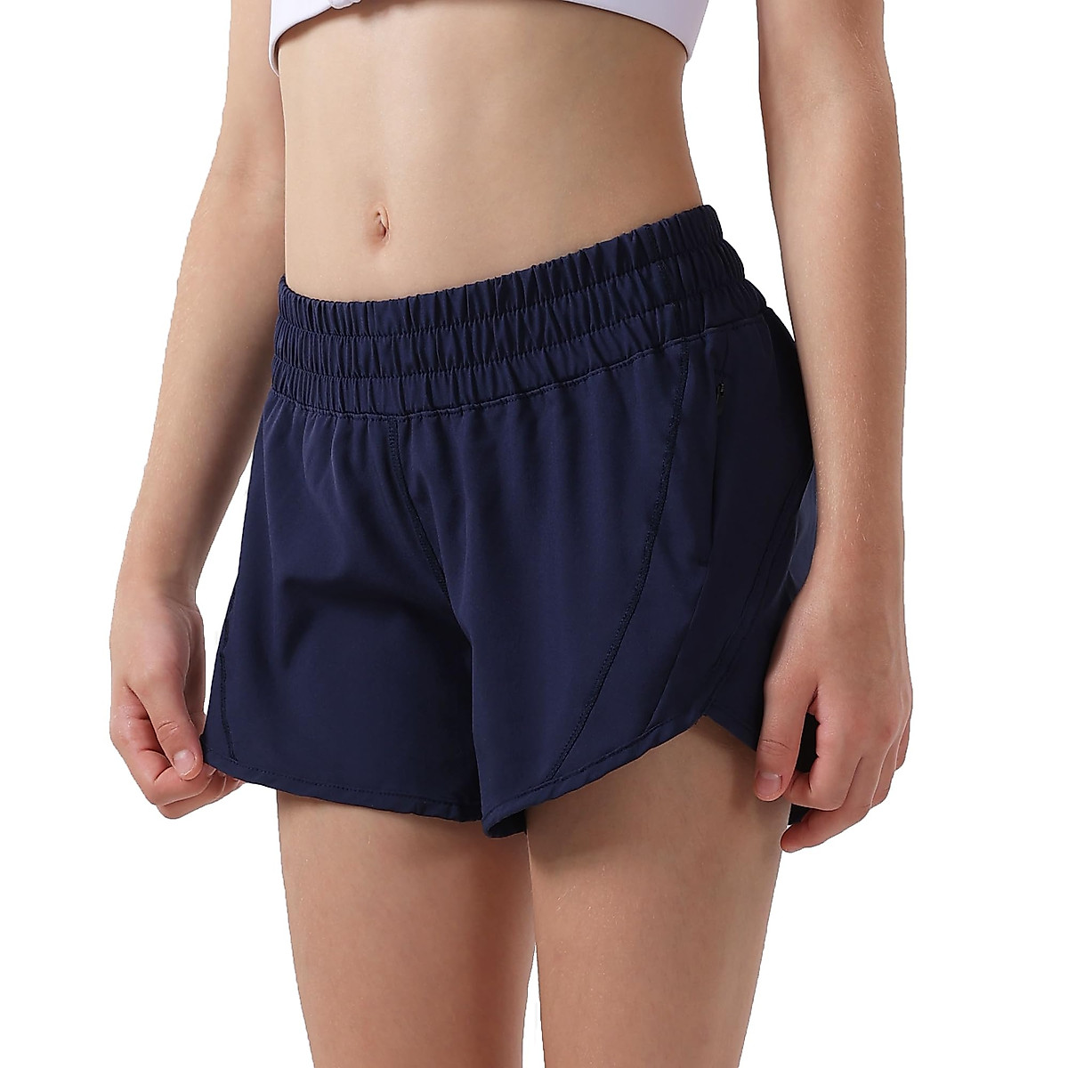 Aurefin Girls Athletic Shorts, Quick Dry Running Shorts for Kids Teen Girls Active Sports Track Shorts with Zip Pocket Liner Navy Blue/XS