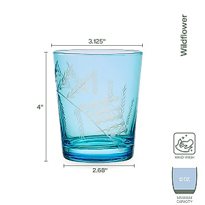Fitz and Floyd Wildflower Set of 4 Double Old Fashioned Rocks Whiskey Glass, 12 Ounce, Blue