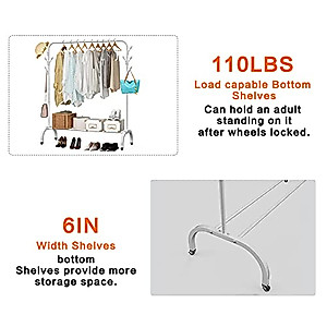 HILI Clothing Garment Rack with Wheels, Metal Clothes Stand Rack with Shoe Storage Rod, Sturdy Steel Frame Coat Rack for Indoor, Laundry, Bedroom(White)