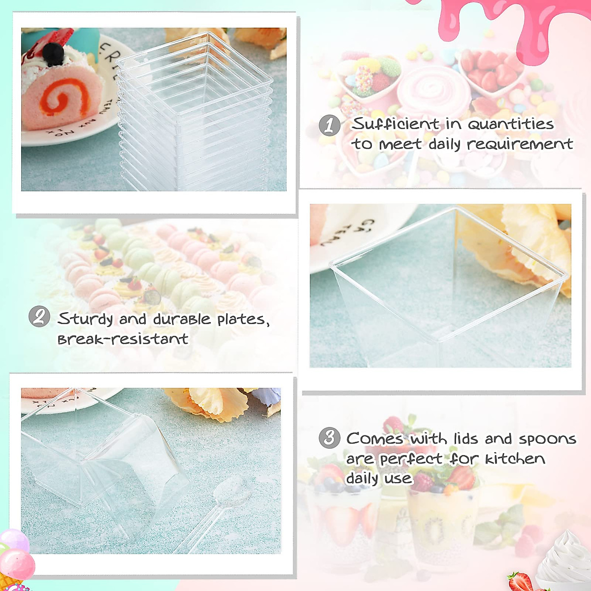 Mimorou 150 Pack 3 oz Plastic Dessert Cups with Lids and Spoons Square Parfait Cups Clear Appetizer Cups Disposable Ice Cream Containers for Cupcake, Pudding, Snacks, Yogurt