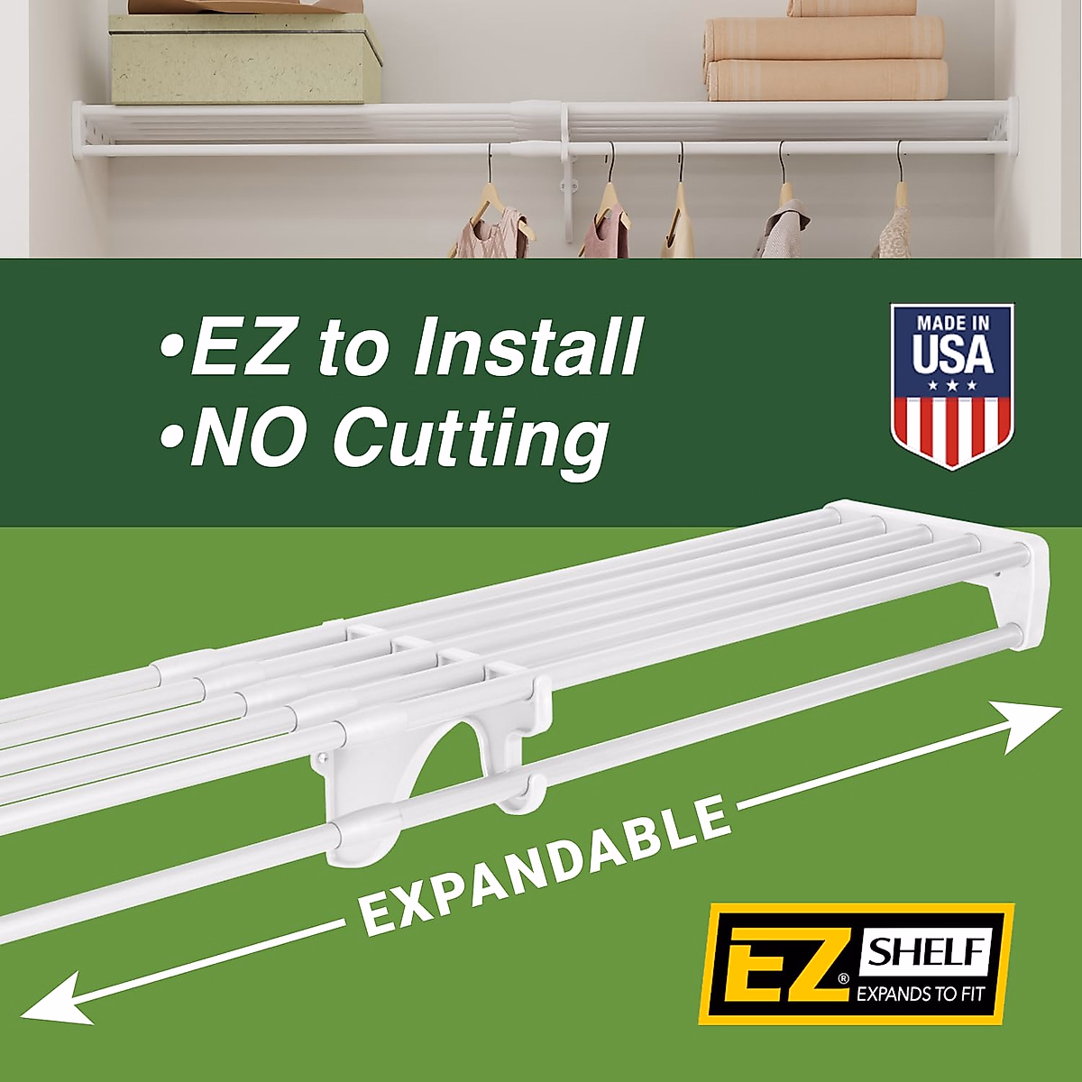 EZ SHELF- Closet Shelf with Hanging Rod, Expands 40.5-73", White, Closet Shelves Hold 200 lbs, Easy Install Closet Organizer to 2 Side Walls, Alternate for Closet Wire Shelving & Laundry Room Shelves