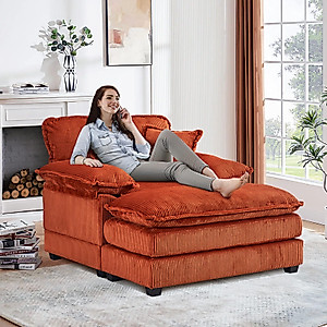 Oversized Chaise Lounge Chair Indoor with Ottoman,46.9"W Corduroy Upholstered Modern Single Sofa Reading Chair,Deep Seat Sectional Couch,Comfy Reclining Sleeper Chair for Living Room(1 Seater,Orange)