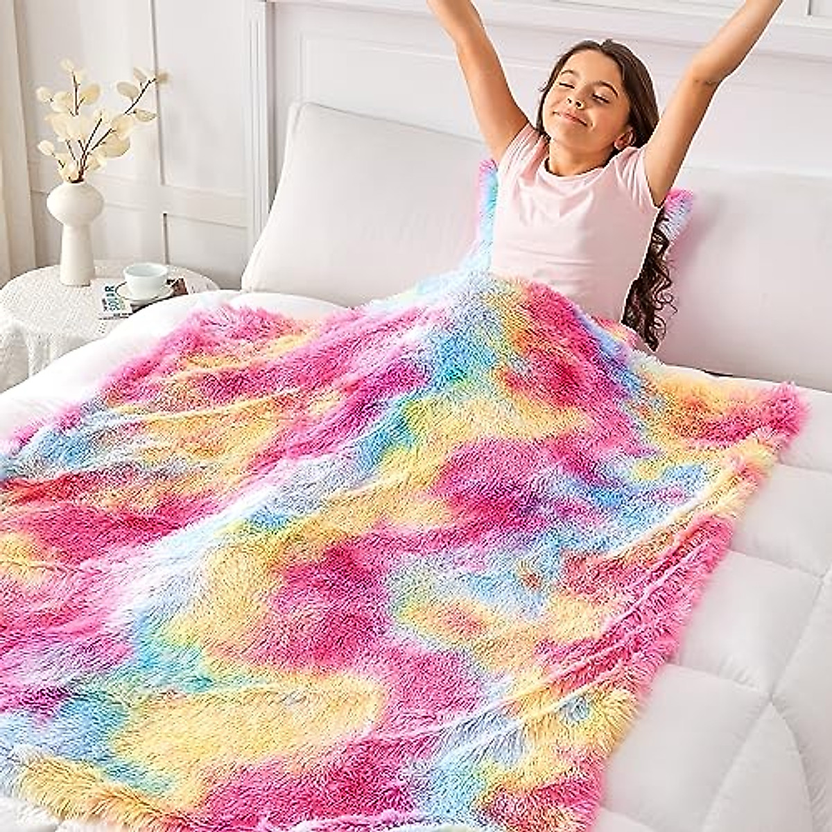 UOMNY Faux Fur Throw Blanket with Throw Pillow Cover Tie Dye Fluffy Blanket Set for Girls 50 x 60 Rainbow Plush Blankets for Couch Sofa Bed Teen Girl Gifts for Birthday Christmas Pink