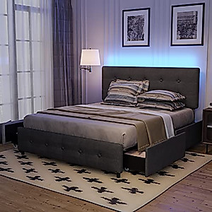 Squireewo Bed Frame with LED Lights & 4 Storage Drawers, Upholstered Platform Bed with Adjustable Headboard, No Box Spring Needed, Easy Assembly, Noise-Free (Dark Grey, Queen Bed)