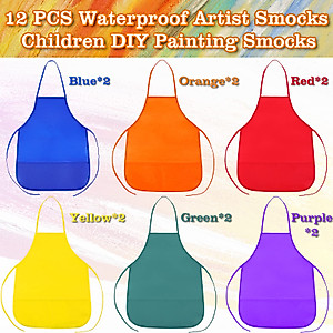 12Pcs Kids Painting Aprons,6 Color Kids Aprons for Painting,Children Painting Aprons Art Smocks with 2 Roomy pockets,Children's Artists Fabric Aprons for Kitchen,Classroom,Crafts&Art Painting Activity