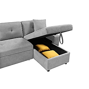 Cotoala L-Shape Sectional Sofa with Pull-Out Bed and Storage Space, Right Chaise Longue Convertible Sleeper Couch w/ 2 Cup Holders & Side Pockets, for Living Room, Apartment, 92", Gray