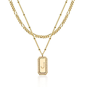Gold Necklace for Women Trendy Dainty Initial Pendant Necklace Figaro Chain Choker Necklace Layered Set Bar Rectangle Pendant Necklaces 14K Gold Plated Simple Letter J Necklace Everyday Gold Jewelry