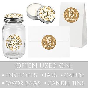 White and Gold Sweet 16 Birthday Stickers, Happy 16th Birthday Party Favor Labels, Sweet Sixteen - 40 Count