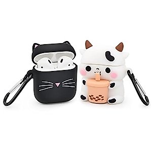 Megantree 2 Pack Cute Boba Tea Cow Airpods Case, Whisker Cat Airpods 2 Case, Funny 3D Cartoon Animal Cat Kitty Shockproof Soft Silicone Case with Carabiner for Airpods 1st Generation, 2nd Generation