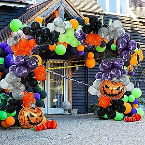 INFLORAL Play Balloon Garland Kit with 164 PCS Black Sliver Green Metallic Purple Orange Balloons and Pumpkin Balloon Garland Kit for Party Decorations