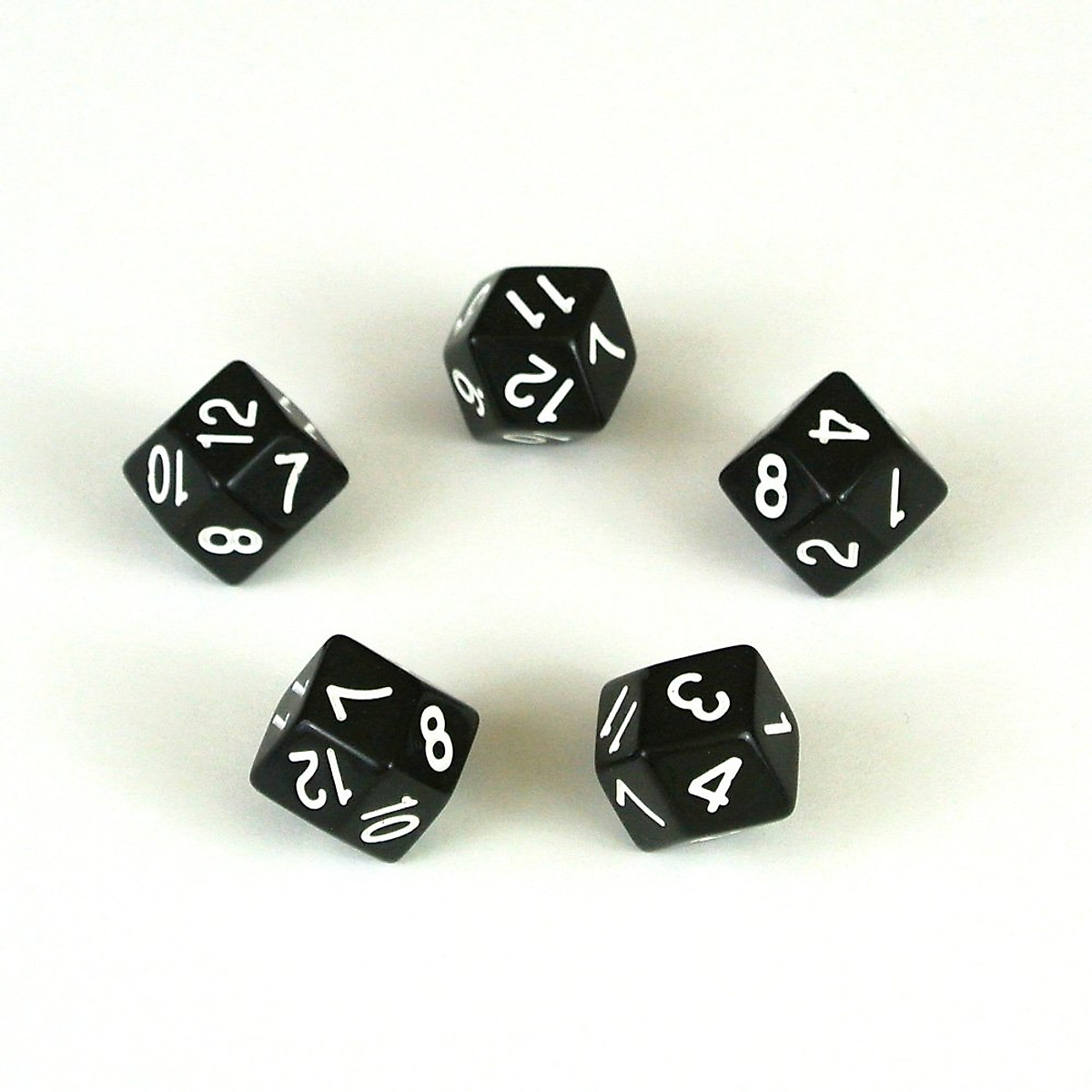 Set of Five Rhombic Dodecahedron D12 12-sided Dice in Black