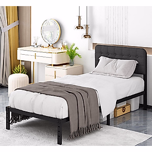 Likelalaso Twin Bed Frame with Upholstered Headboard, 12 inch Twin Metal Platform Bed Frame, Steel Slat Support, Noise Free, No Box Spring Needed, Easy Assembly, Black