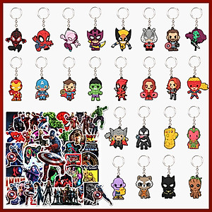 74PCS Super Hero Party Favors Comics Keychain Stickers for Hero Themed Party Supplies, Collect keychains for Bulk Party Favors, School Day Birthday Christmas Party Supplies for Kids