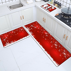 Lnond Anti Fatigue Kitchen Floor Mat, Kitchen Mat Sets 3 Piece with Dish Drying Mat, Non Skid Waterproof Washable Cushioned Floor Mats for kichen Room Home Office Sink (Red Christmas Snowflakes)