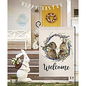 Spring Easter Bunny Lavender Welcome Garden Flag Vertical Double Sided Burlap Yard Rabbit Wreath Outdoor Decor 12.5 x 18 Inches