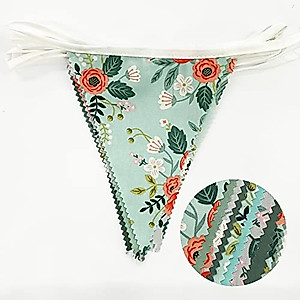32Ft Dark Green Teal Blue Printed Flowers Flora Pennant Banner Fabric Triangle Flag Bunting Garland for Spring Summer Decor Birthday Party Wedding Home Outdoor Garden Hanging Decoration