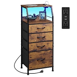 WLIVE 4 Drawer Dresser for Bedroom, Nightstand with Charging Station and Led Light, Tall Night Stand Bed Side Table, End Table with USB Ports and Outlets, Fabric Bins, Wood Shelf, Rustic Brown