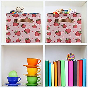 ALAZA Pink Love Heart Strawberry Large Storage Basket with Handles Foldable Decorative 1 Pack Storage Bin Box for Organizing Living Room Shelves Office Closet Clothes
