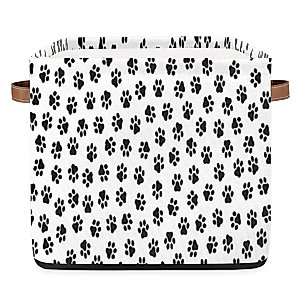 Yzrwebo Black Paw Print Fabric Storage Bins for Organizing Cat Dog Paw Print Large Storage Basket with Handles Cube Collapsible Organizer Bins for Shelves Closet Decor Toys Clothes Cubby 13"x13"x13"