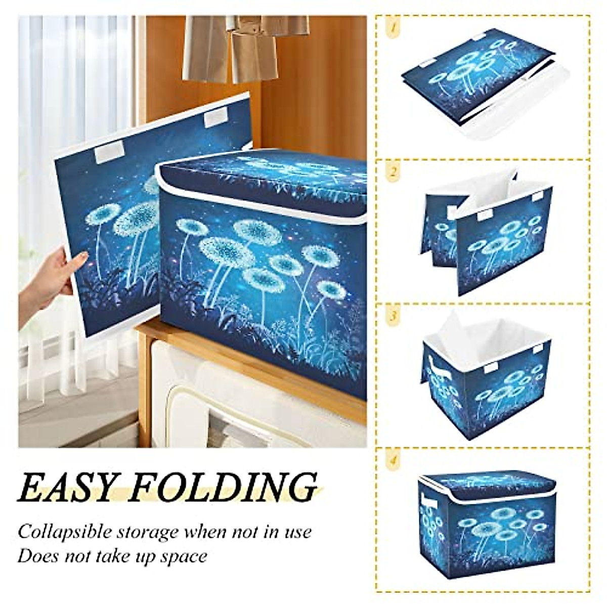 Kigai Magic Blue Dandelion Storage Basket with Lid Collapsible Storage Bin Fabric Box Closet Organizer for Home Bedroom Office 1 Pack