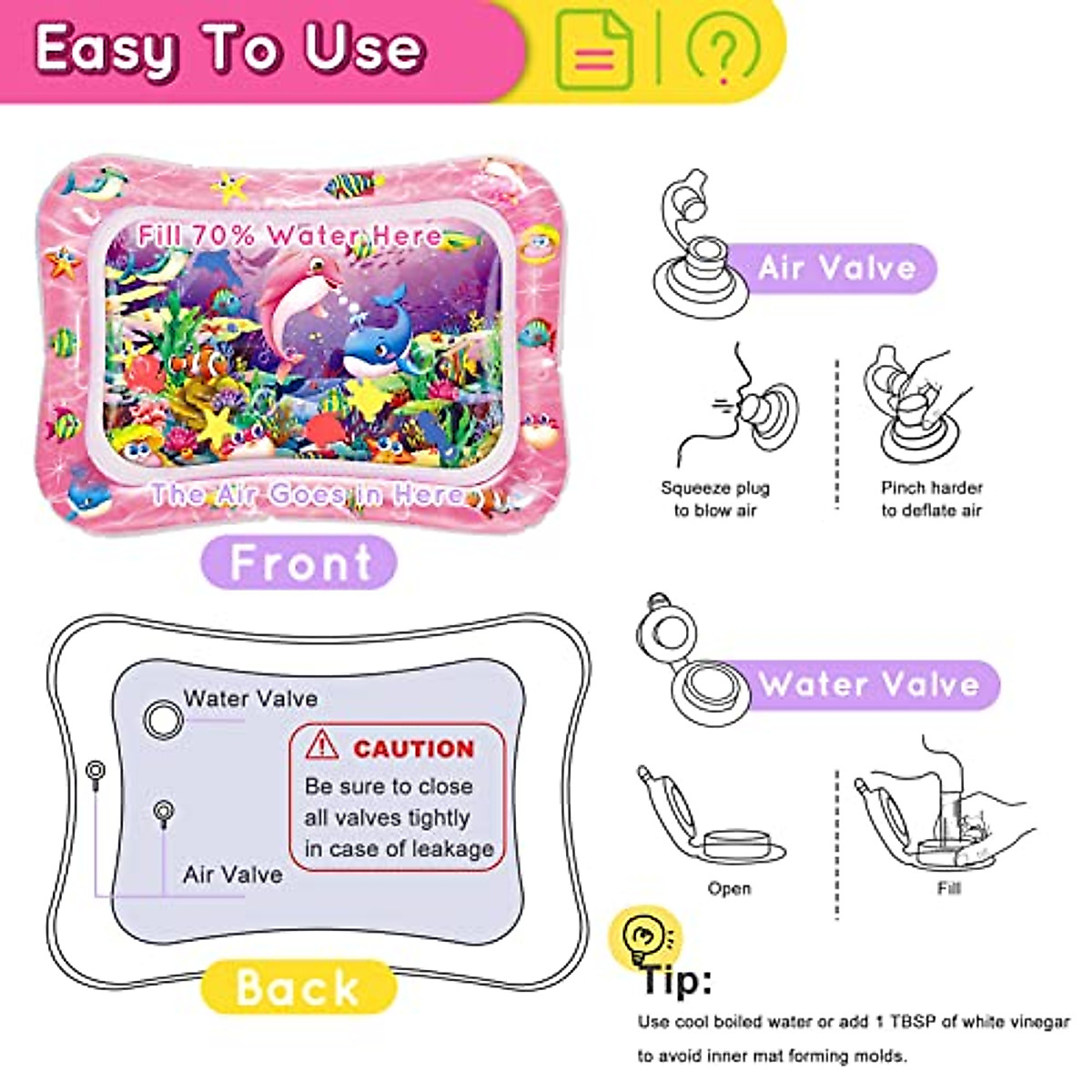 Infinno Tummy Time Water Mat for Babies, Baby Toys for 3 6 9 Months Girls and Boys Sensory Development, Pink Dolphin Style and Yellow Octopus Style