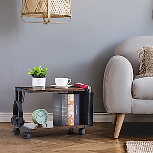 Printer Stand with Storage Bag Under Desk Printer Table on Wheels 2 Tier Small Desktop Rolling Stand Shelf for Fax Machine Scanner Files (Brown)