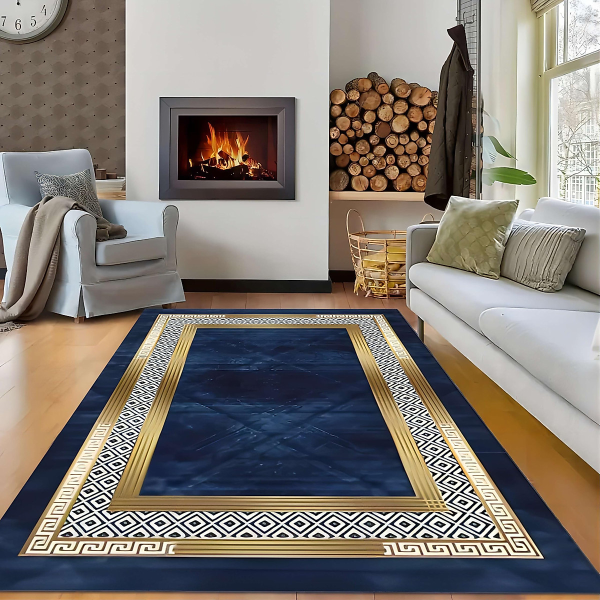 USHIRUG Premium Indoor Area Rug, 3x4ft, Contemporary Simple Geometric and Gold Border Design Navy Blue Rug, Non-Slip Non-Shedding Rug, Comfortable and Casual Living Room Bedroom Soft Rug