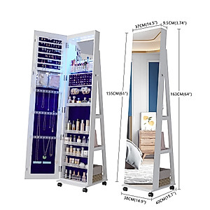 Lvifur 360° Rotating 64'' Jewelry Armoire with 6 LEDS, Full Length Mirror Large Capacity Jewelry Organizer Armoire, Lockable Floor Standing Mirror with 4 rollers for Bedroom, Cloakroom