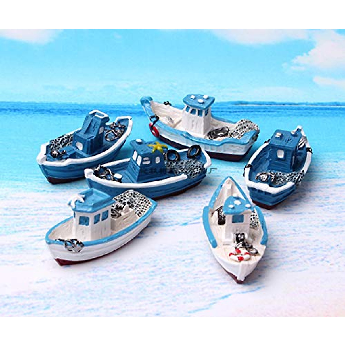 HYSTYLE 6 Pcs Mediterranean Style Miniature Dollhouse Boat Fairy Garden Miniature Boats Model Figurines Cake Topper Fairy Garden Beach Scene Ornament