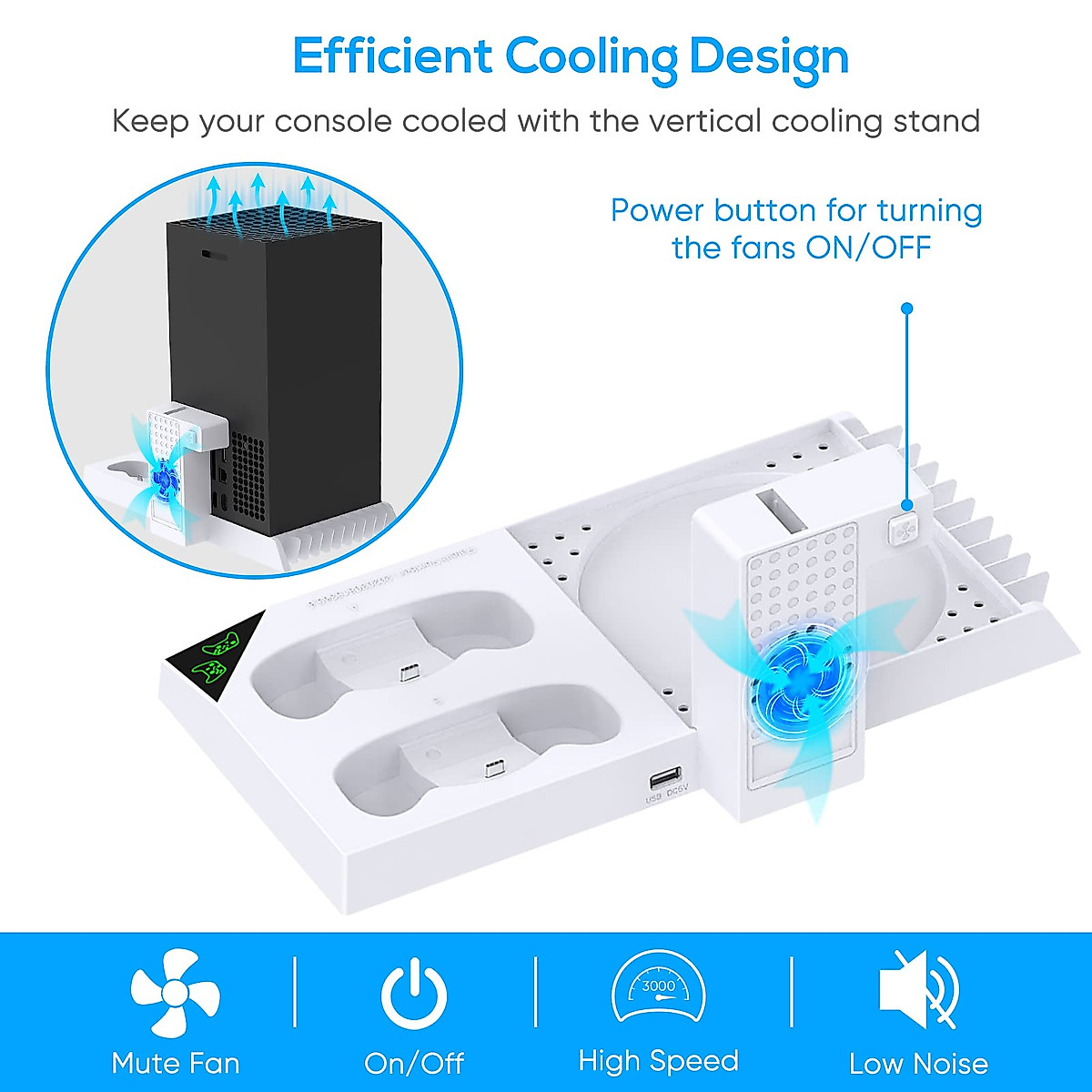 YUANHOT Vertical Cooling Stand Compatible with Xbox Series X, Charging Station Dock with 1400mAh Rechargeable Battery Pack and Dual Controller Charger Ports (NOT Compatible with Xbox One X/S), White