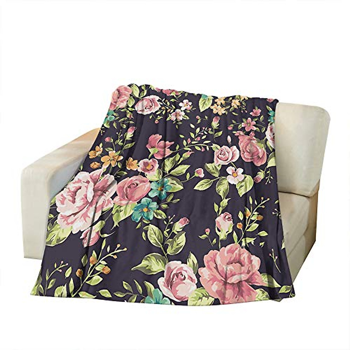 Moslion Soft Cozy Throw Blanket Lush Flowers and Leaf Floral Paisley Black Pink Fuzzy Warm Couch/Bed Blanket for Adult/Youth Polyester 30 X 40 Inches(Home/Travel/Camping Applicable)